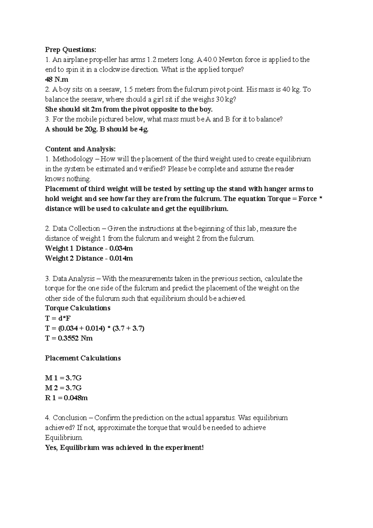 Physics 1 - Lab 9 - Prep Questions: An airplane propeller has arms 1 ...