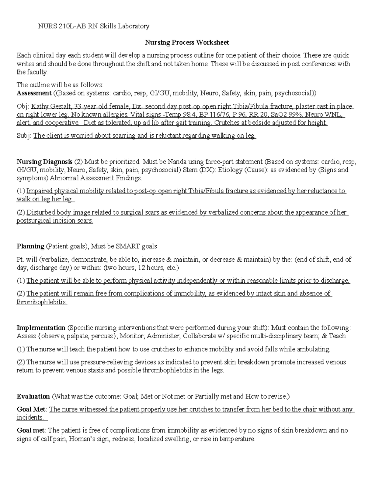 NURS 210L - Nursing Process Worksheet 2 - NURS 210L-AB RN Skills ...