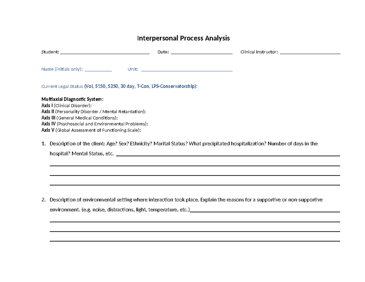 Interpersonal Process Analysis - Interpersonal Process Analysis Student ...