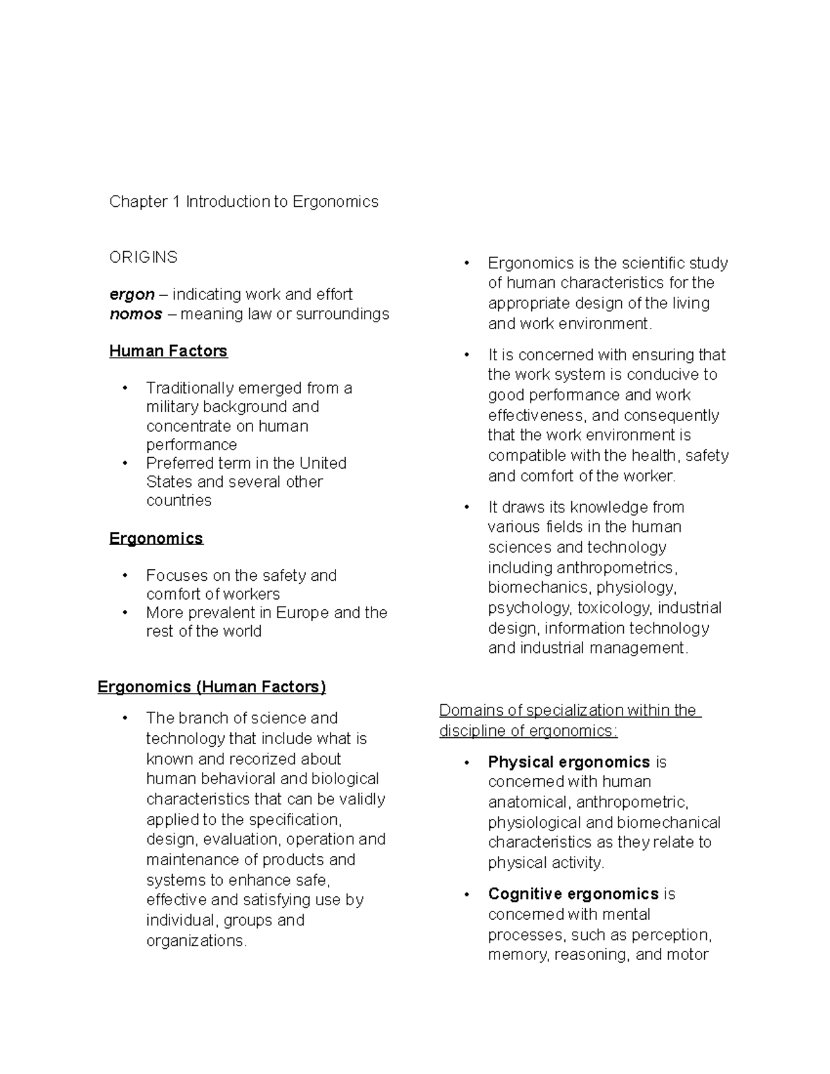 Ergonomics Reviewer - Chapter 1 Introduction to Ergonomics ORIGINS ...