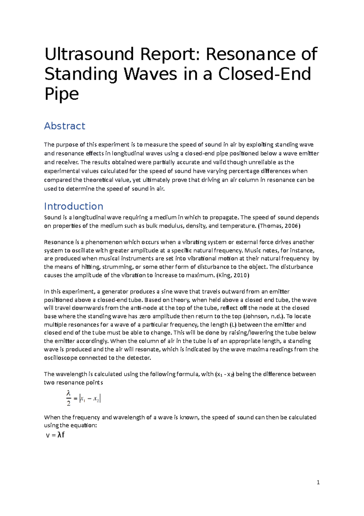 Physics lab report - Ultrasound Report: Resonance of Standing Waves in ...