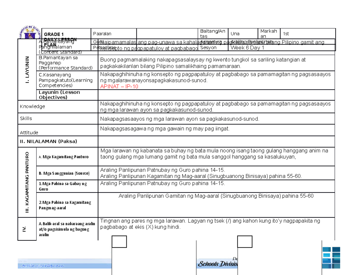 AP1-Q1-W6-D1 - sample - I. LAYUNIN A Pangnilalaman (Content Standard ...