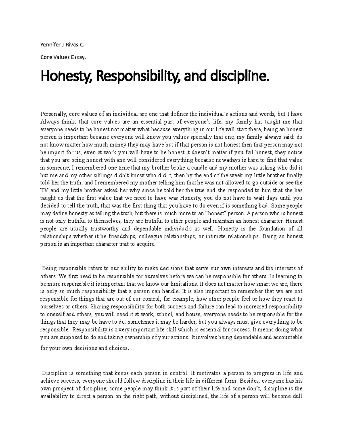 Yennifer J Rivas C CORE Values - Yennifer J Rivas C. Core Values Essay ...