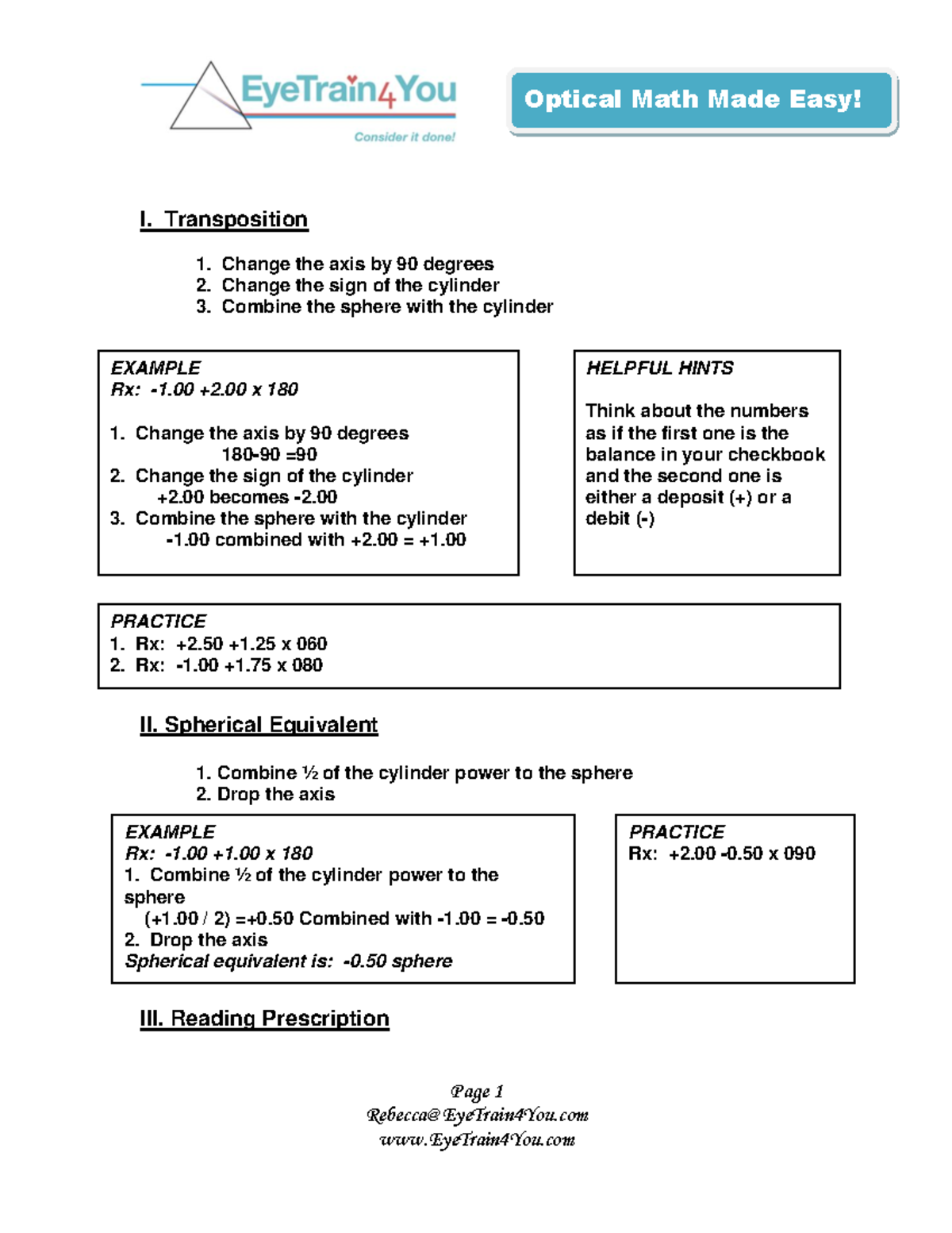 Optical Math Handout RJohnson - Page 1 Rebecca@EyeTrain4You I ...