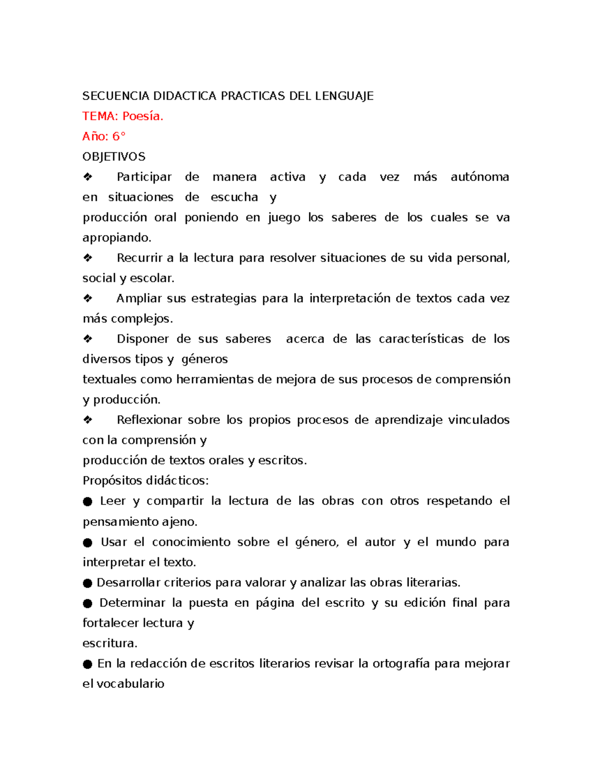 Poesia - SECUENCIA DIDACTICA PRACTICAS DEL LENGUAJE TEMA: Poesía. Año ...