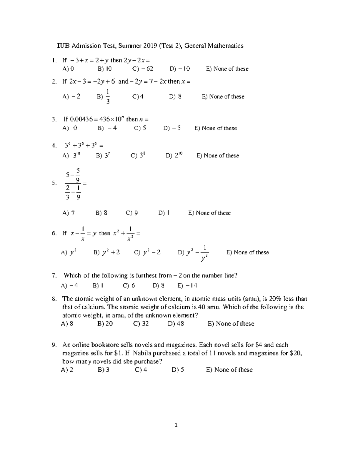 Non Engineering Math Sample Question - Introduction to Matchmatics ...