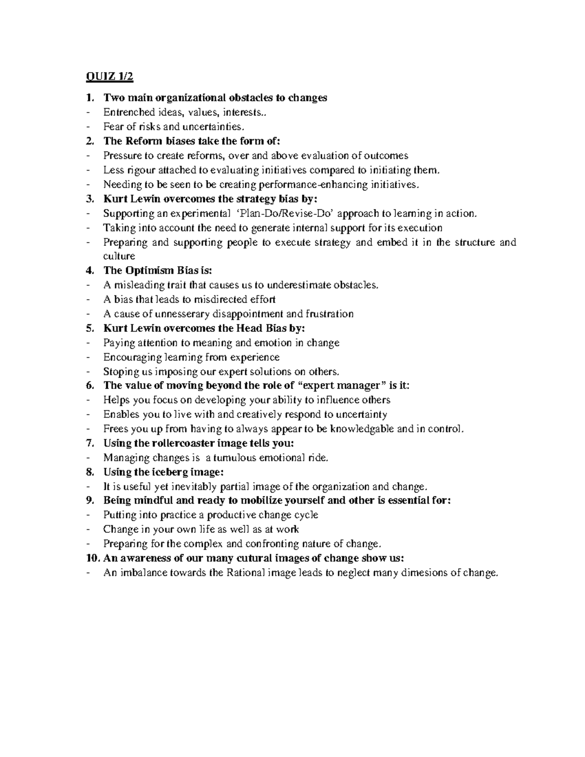 QUIZ 1-6 - Managing changes - QUIZ 1/ Two main organizational obstacles ...
