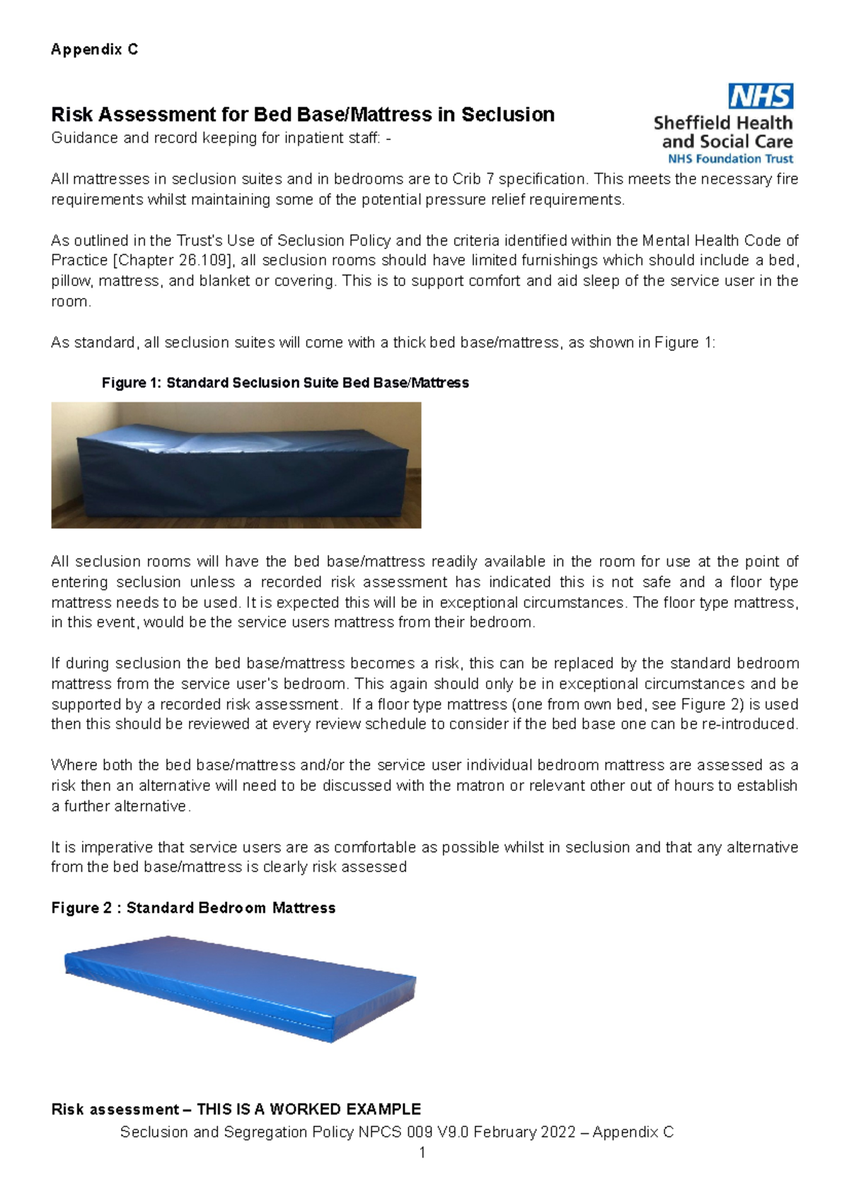 App C - Bed Mattress Assessment Form - Seclusion and Segregation Policy ...