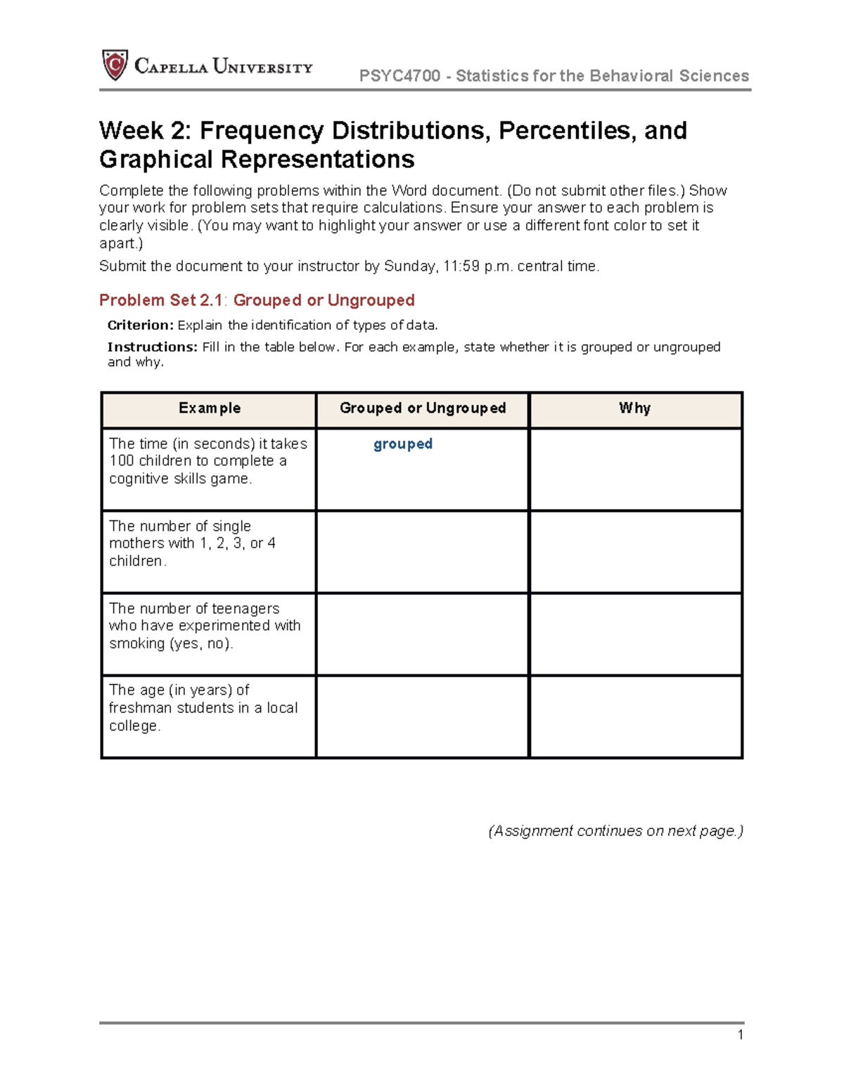 Week 2 Worksheet PSYC4700 Frequency Distributions, Percentiles, and Graphical Representations ...