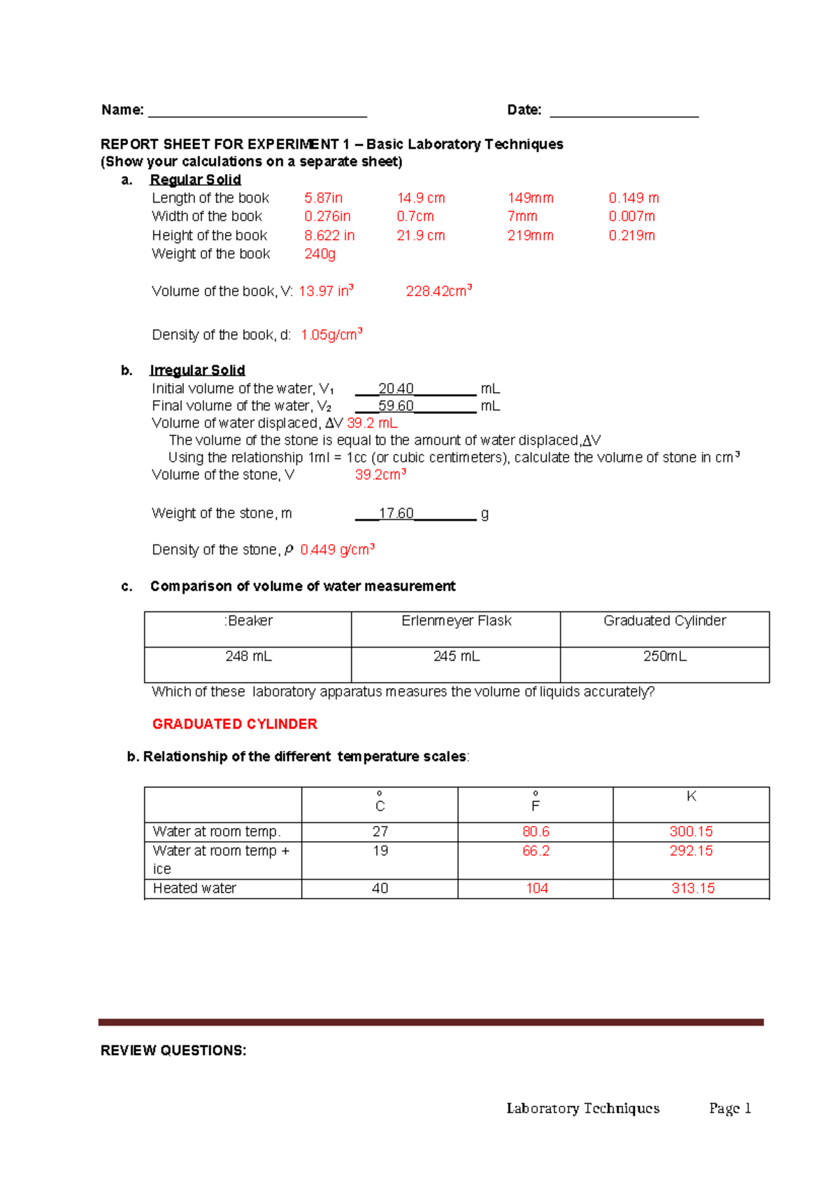 Experiment 1 - Name: ____________________________ Date ...