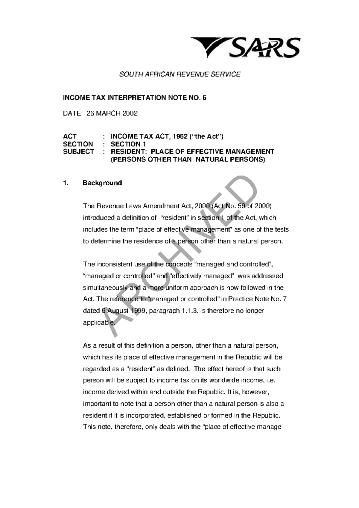 Income TAX Interpretation NOTE NO. 6 - Resident-Place-Effective ...