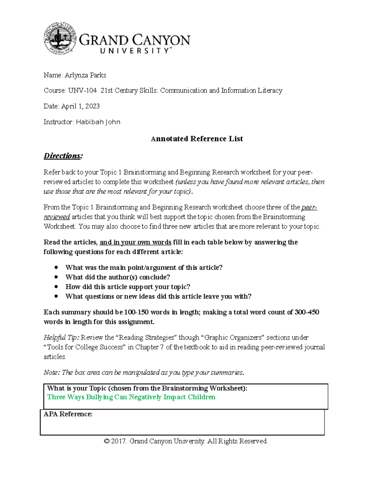 UNV-104-RS-T2-Annotated Reference List week 2 assignment - Name ...