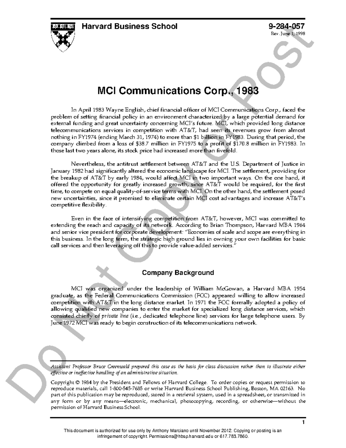 MCI case - coursework - Do Not Copy or Post This document is authorized ...
