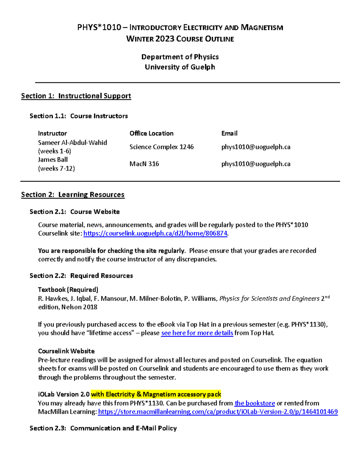 PHYS1010 outline W23 20230109 - PHYS*1010 – INTRODUCTORY ELECTRICITY ...