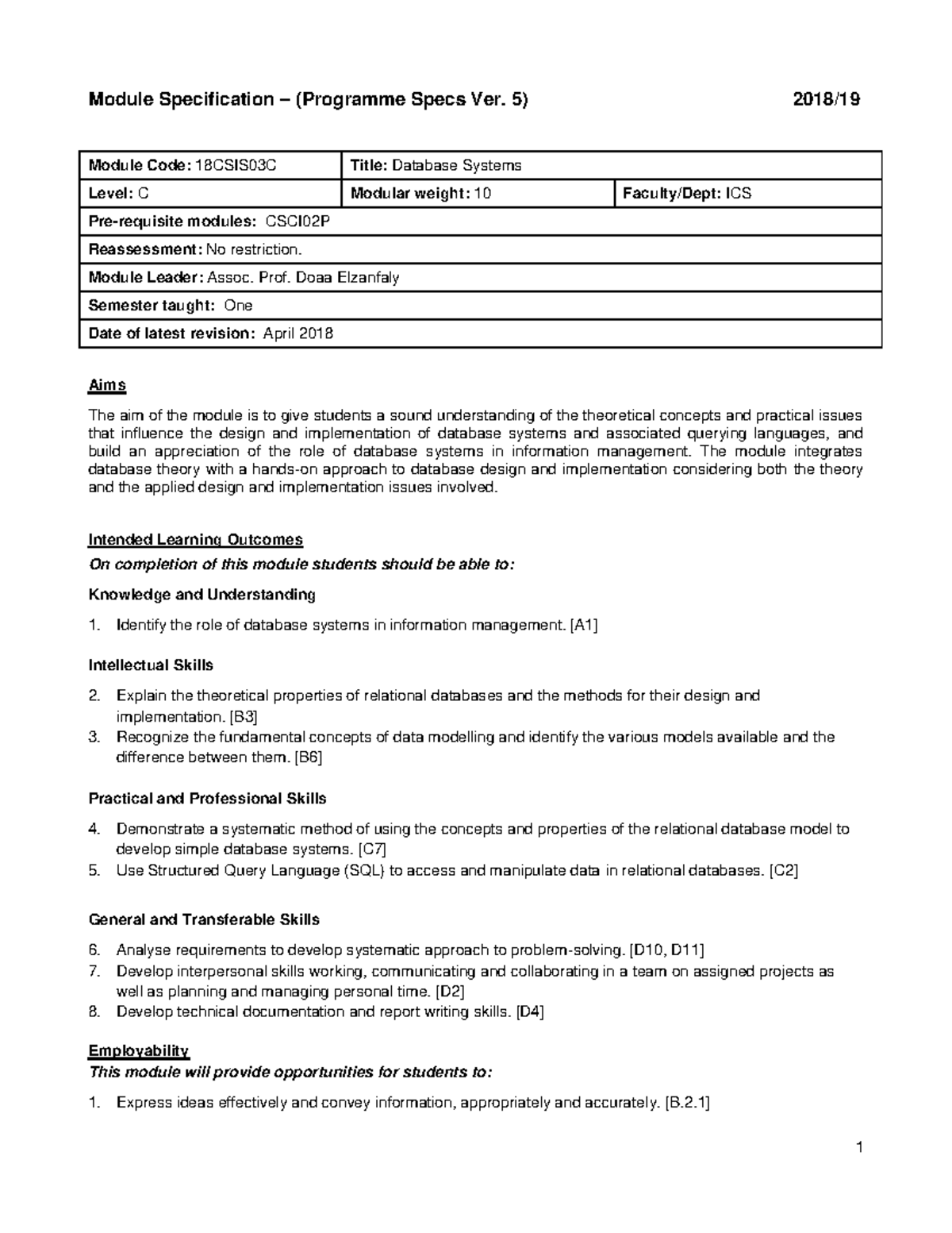 18CSIC03C Database Systems - Module Specification (Programme Specs Ver ...