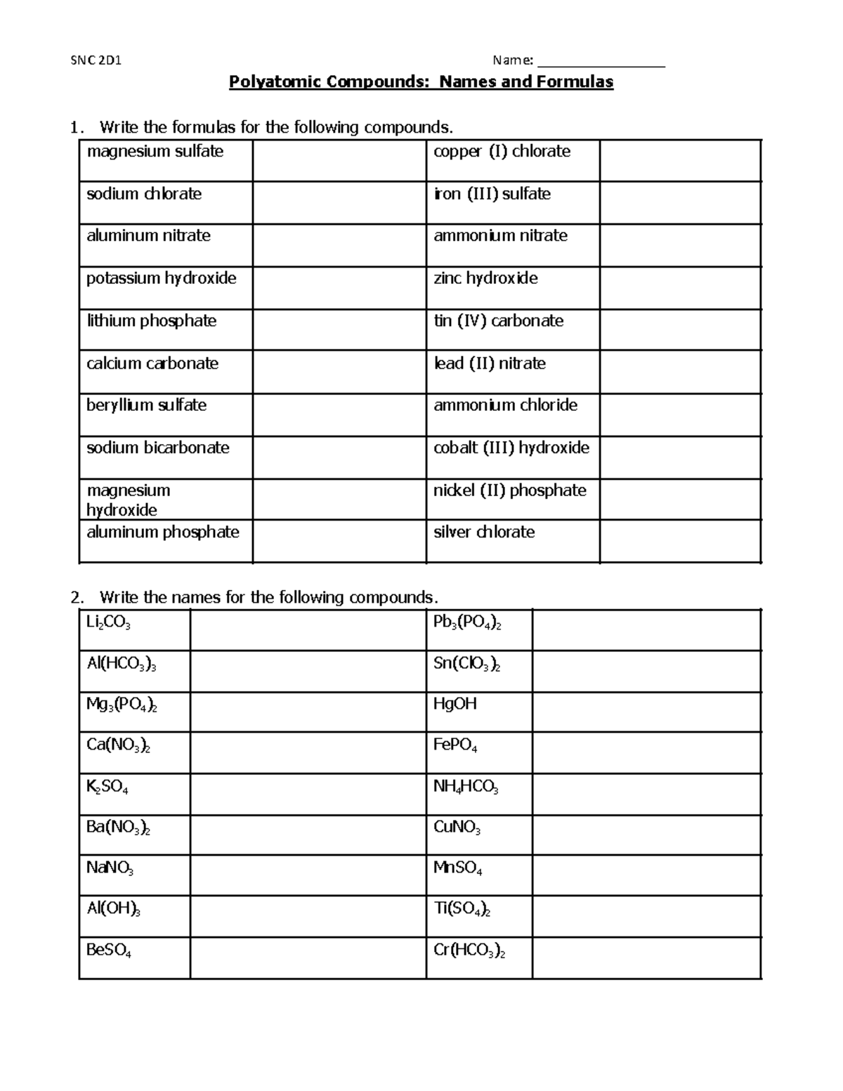Polyatomic Compounds - SNC 2D1 Name: _________________ Polyatomic ...