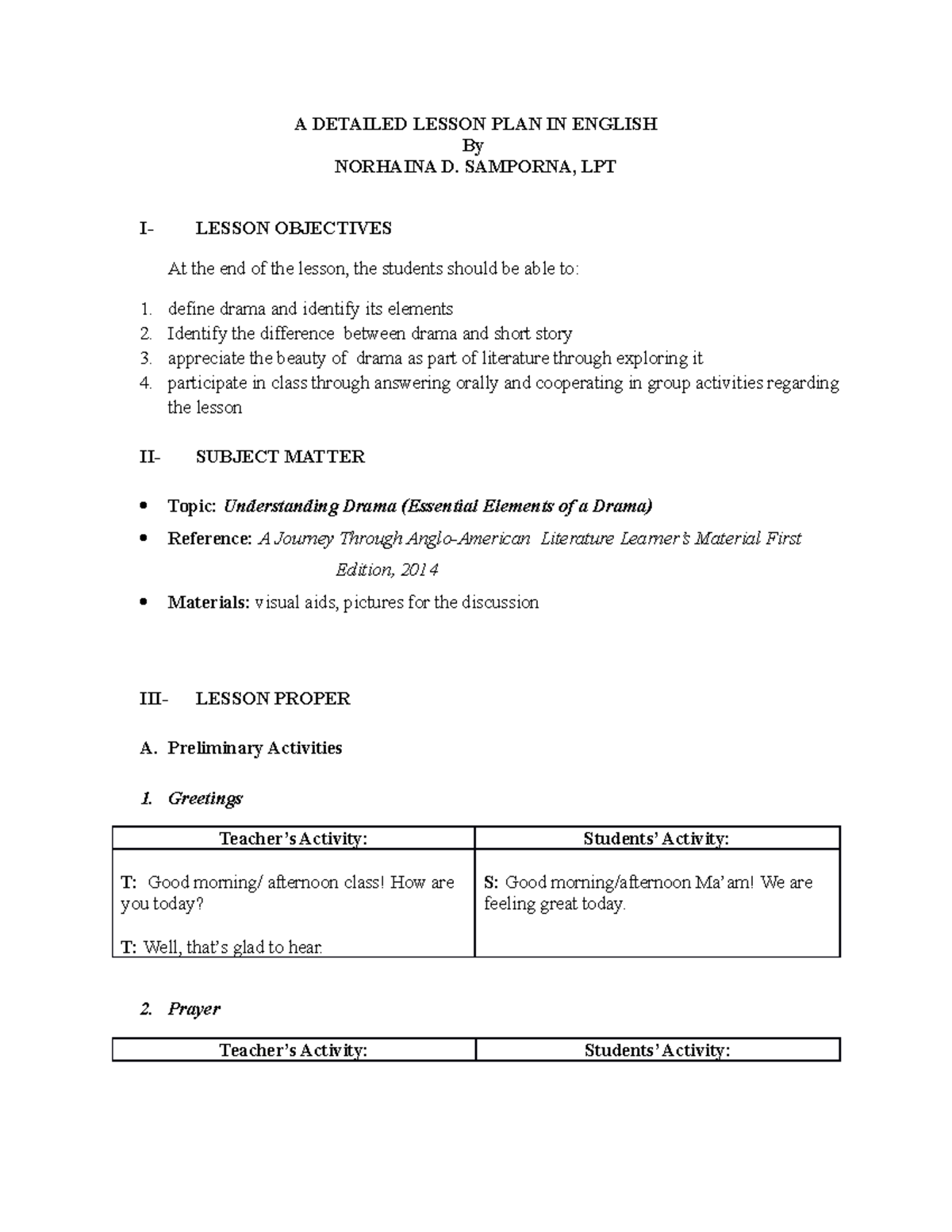 A Detailed Lesson PLAN Elements OF Drama - A DETAILED LESSON PLAN IN ...