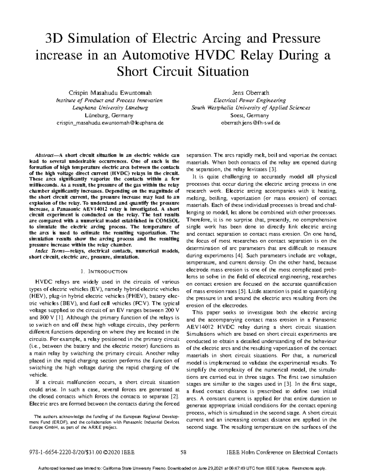 3d Simulation Of Electric Arcing And Pressure Increase In An Automotive