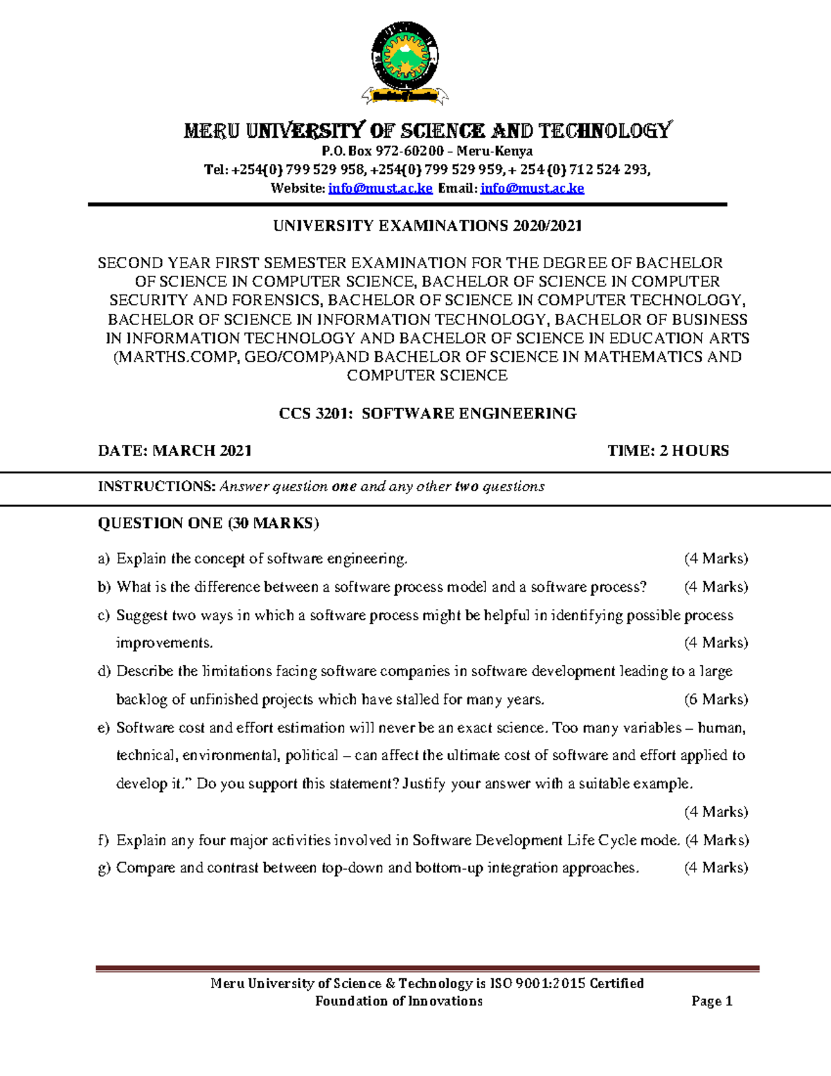 CCS 3201 Software Engineering - Meru University of Science & Technology is ISO 9001:2015 - Studocu