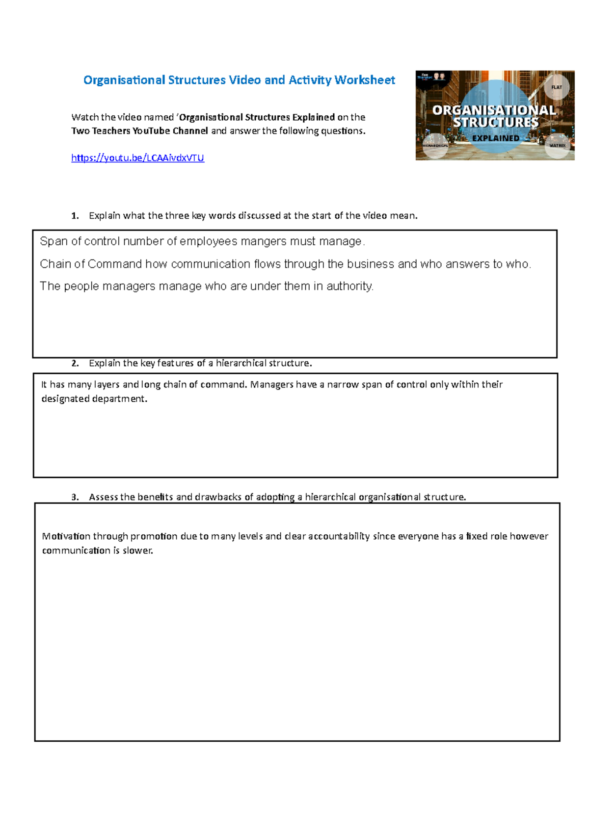 Organisational Structures Video and Activity Worksheet - youtu ...