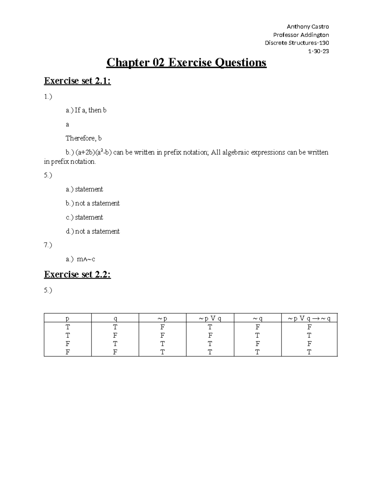 Chapter 2 - homework given - Professor Addington Discrete Structures- 1 ...