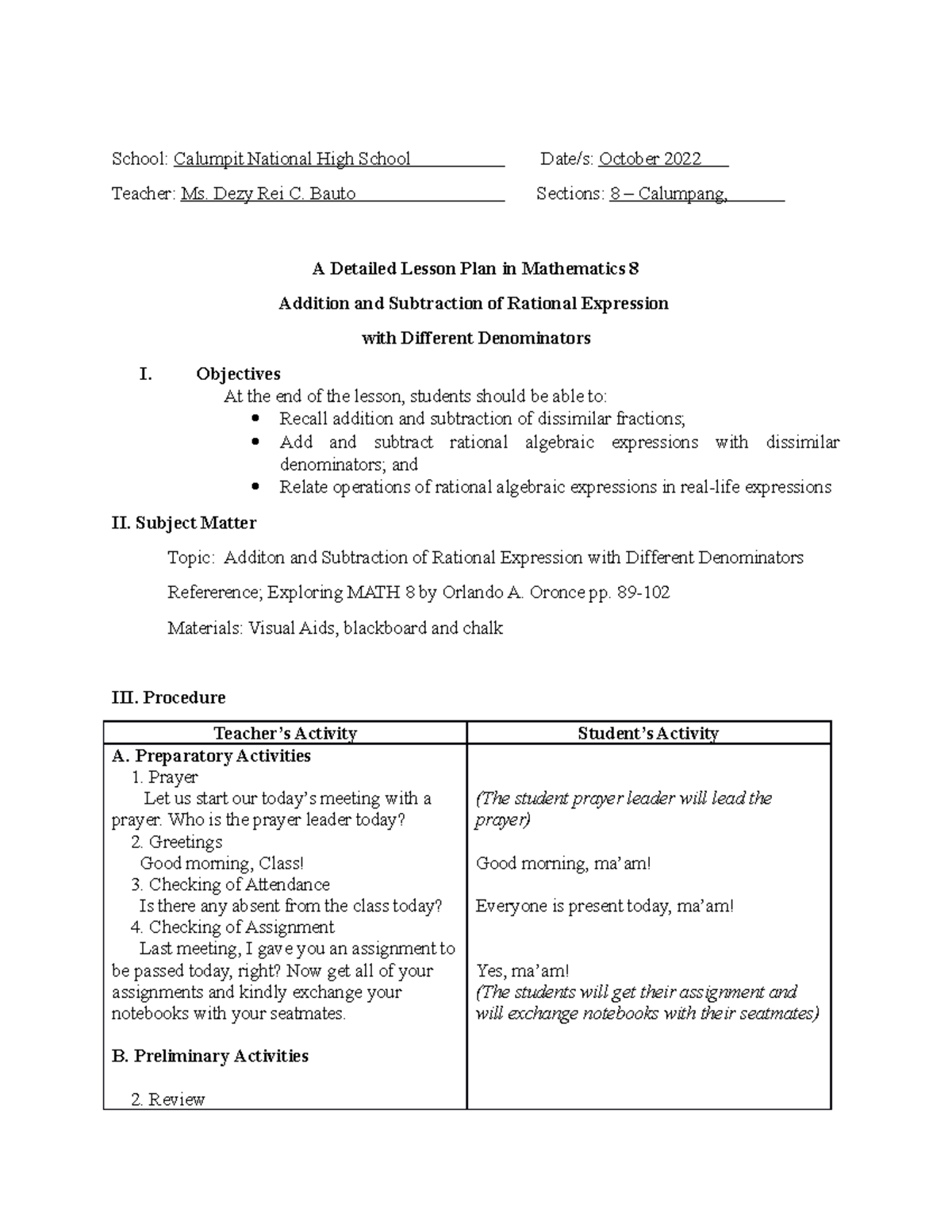 Adding Or Subtracting Dissimilar Dlp School Calumpit National High