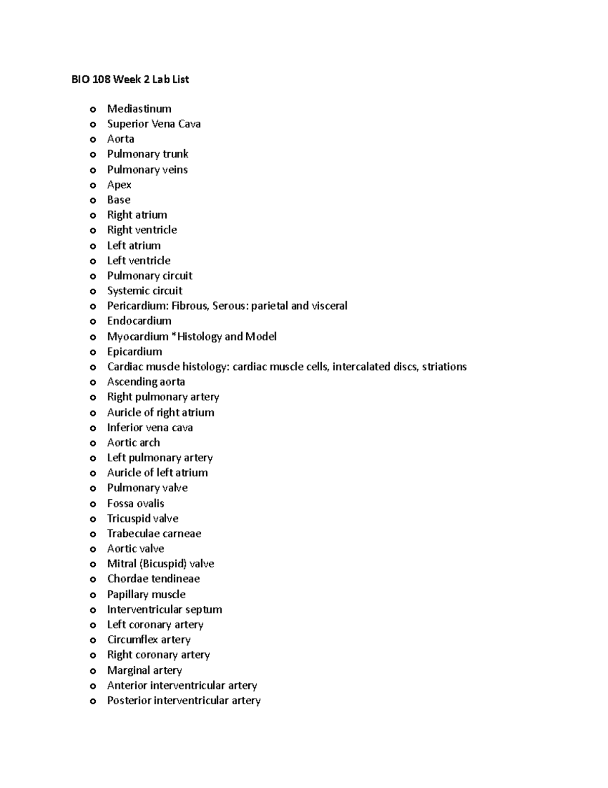 BIO 108 Week 2 Lab List - lab list for practicals - BIO 108 Week 2 Lab ...