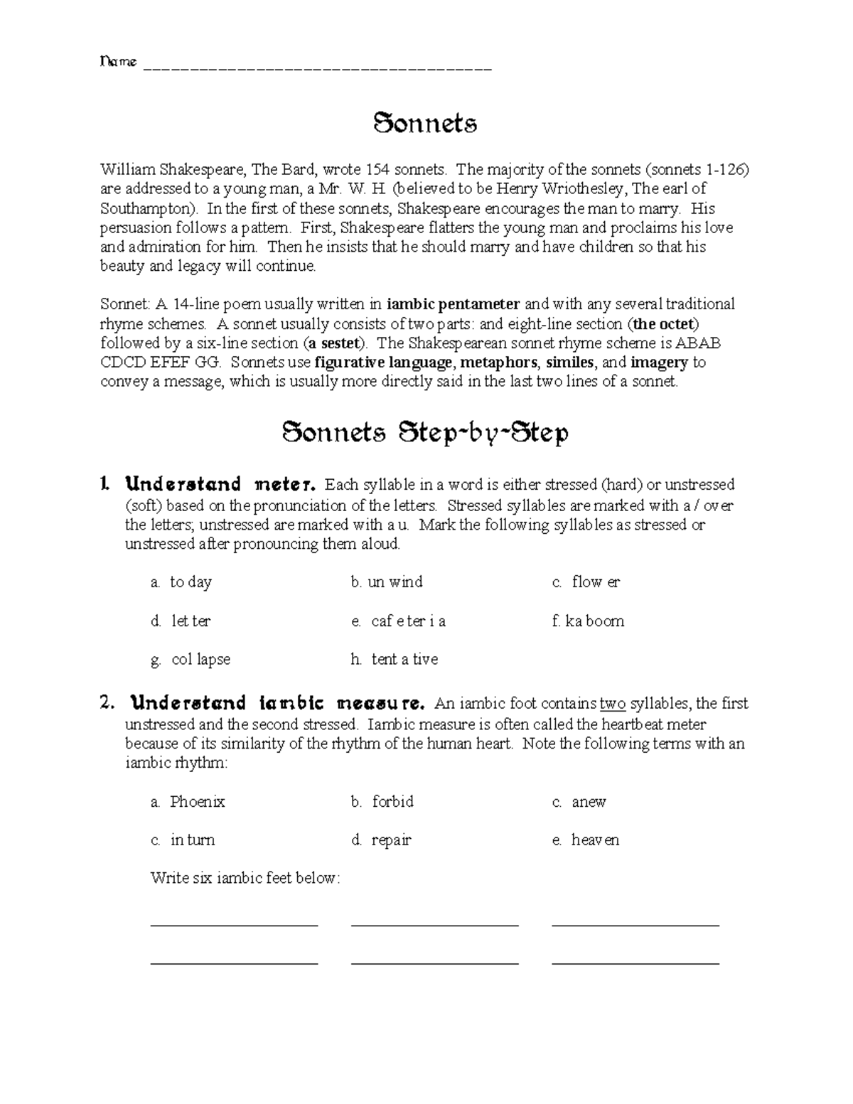 Sonnets Step-by-Step - Name _____________________________________ Sonnets William Shakespeare ...