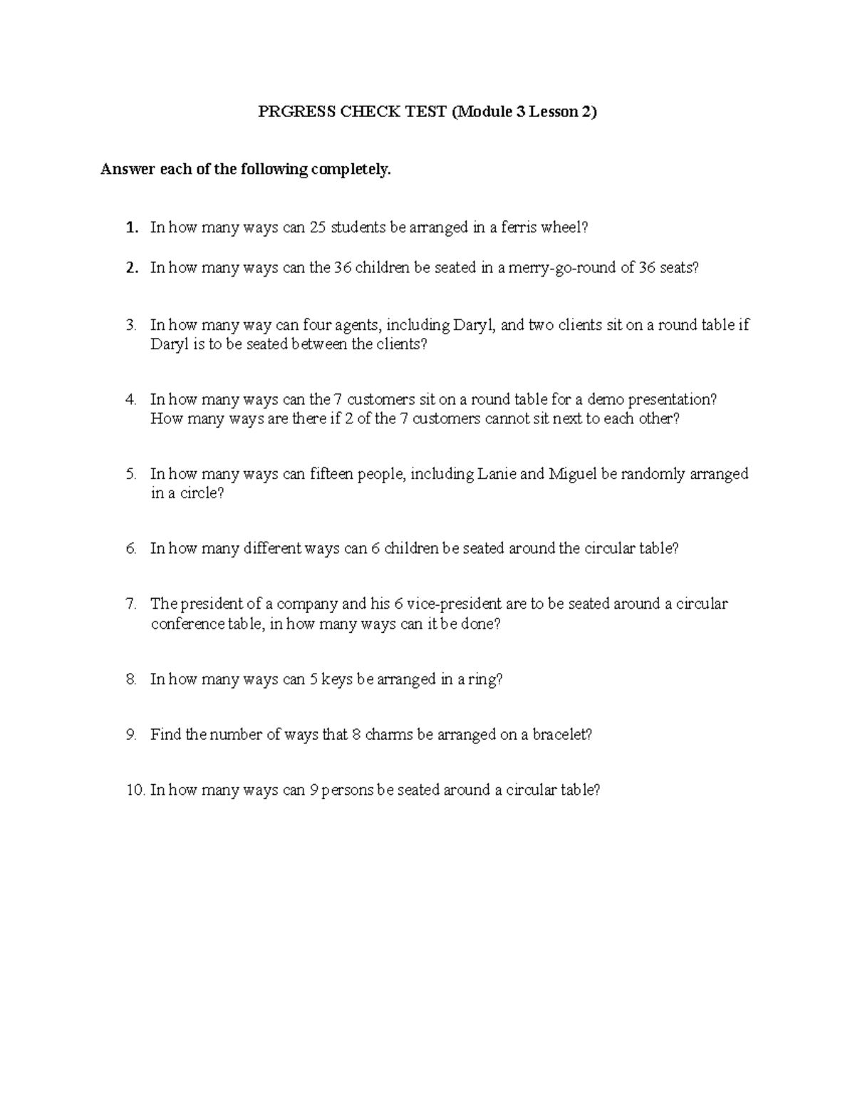 Activity 11 Prgress Check TEST - PRGRESS CHECK TEST (Module 3 Lesson 2 ...