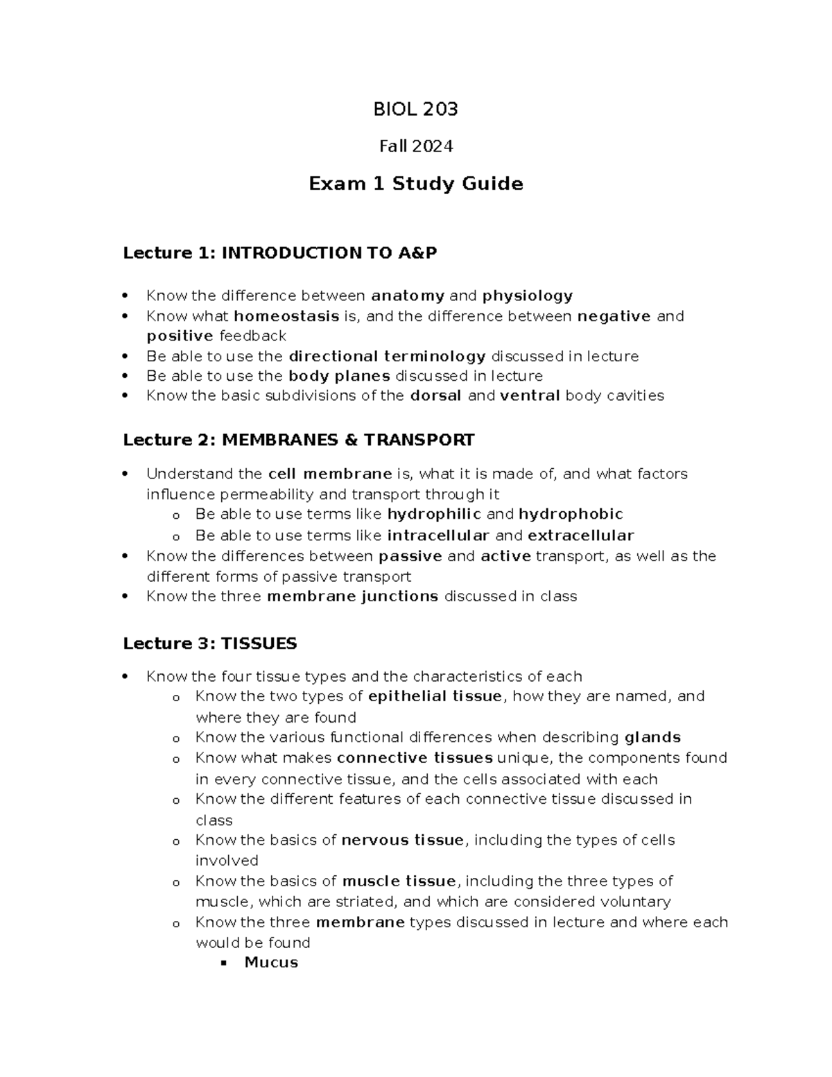 Exam 1 Study Guide - Exam 1 - BIOL 203 Fall 2024 Exam 1 Study Guide ...