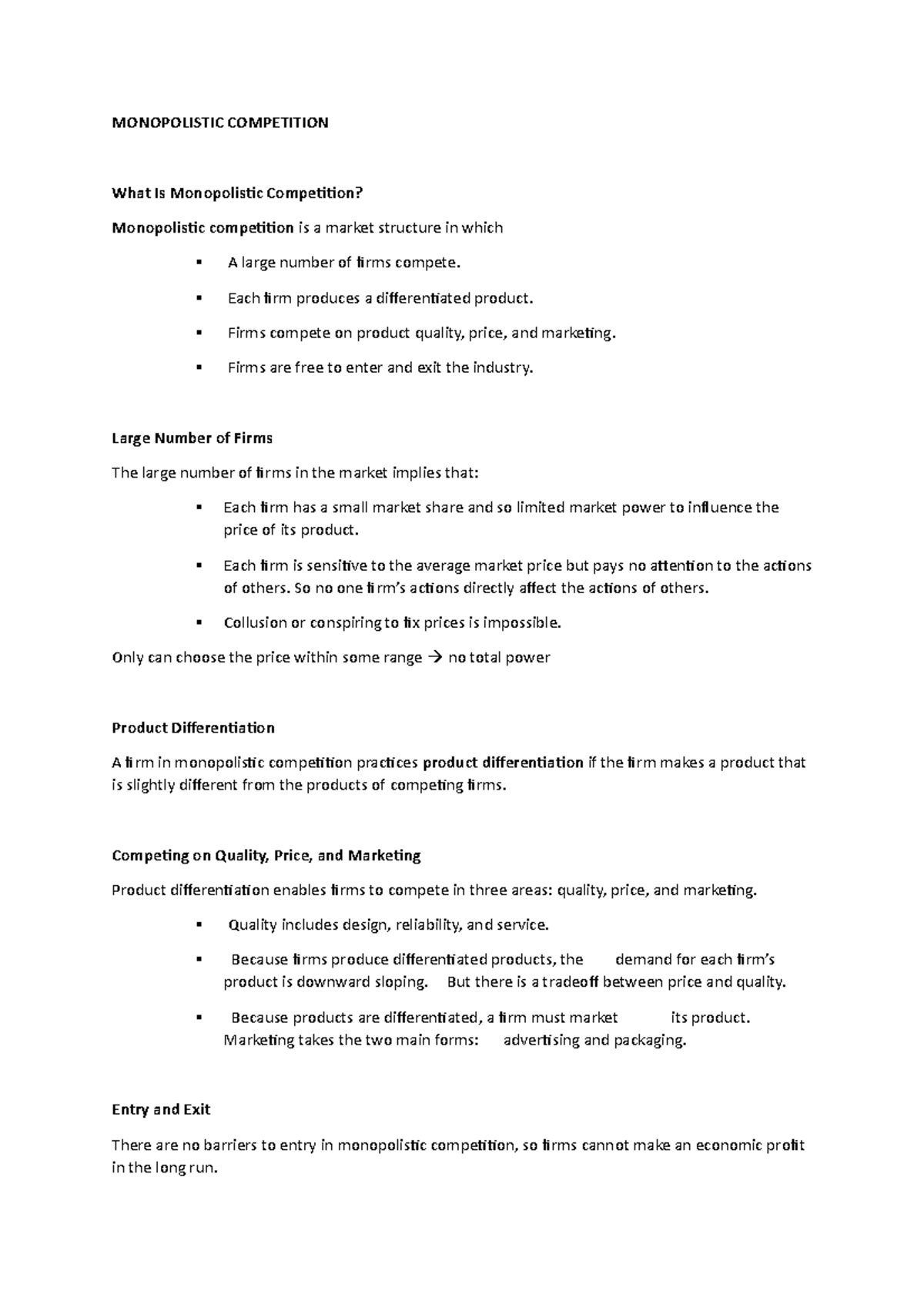 E201 Chapter 14 Notes - MONOPOLISTIC COMPETITION What Is Monopolistic ...