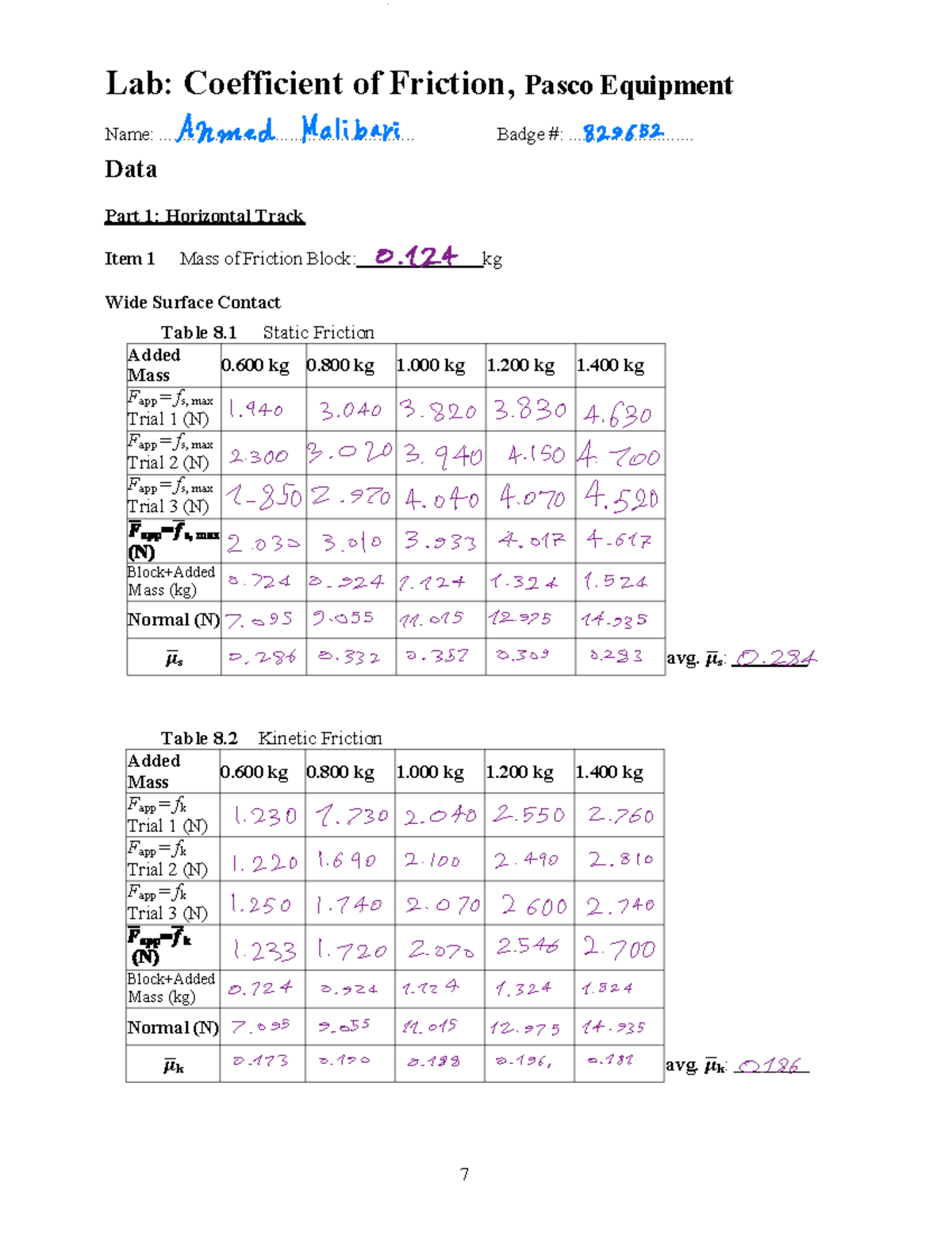 Lab 1 - Ahmed Malibari - Report - Lab: Coefficient of Friction, Pasco ...