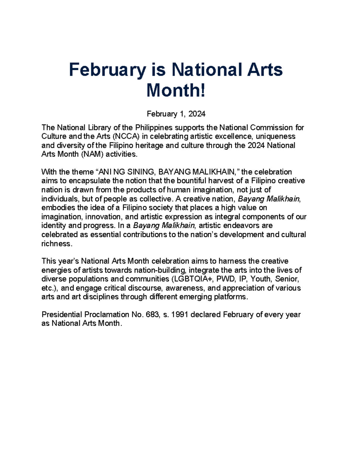 ARTS Month - February is National Arts Month! February 1, 2024 The ...
