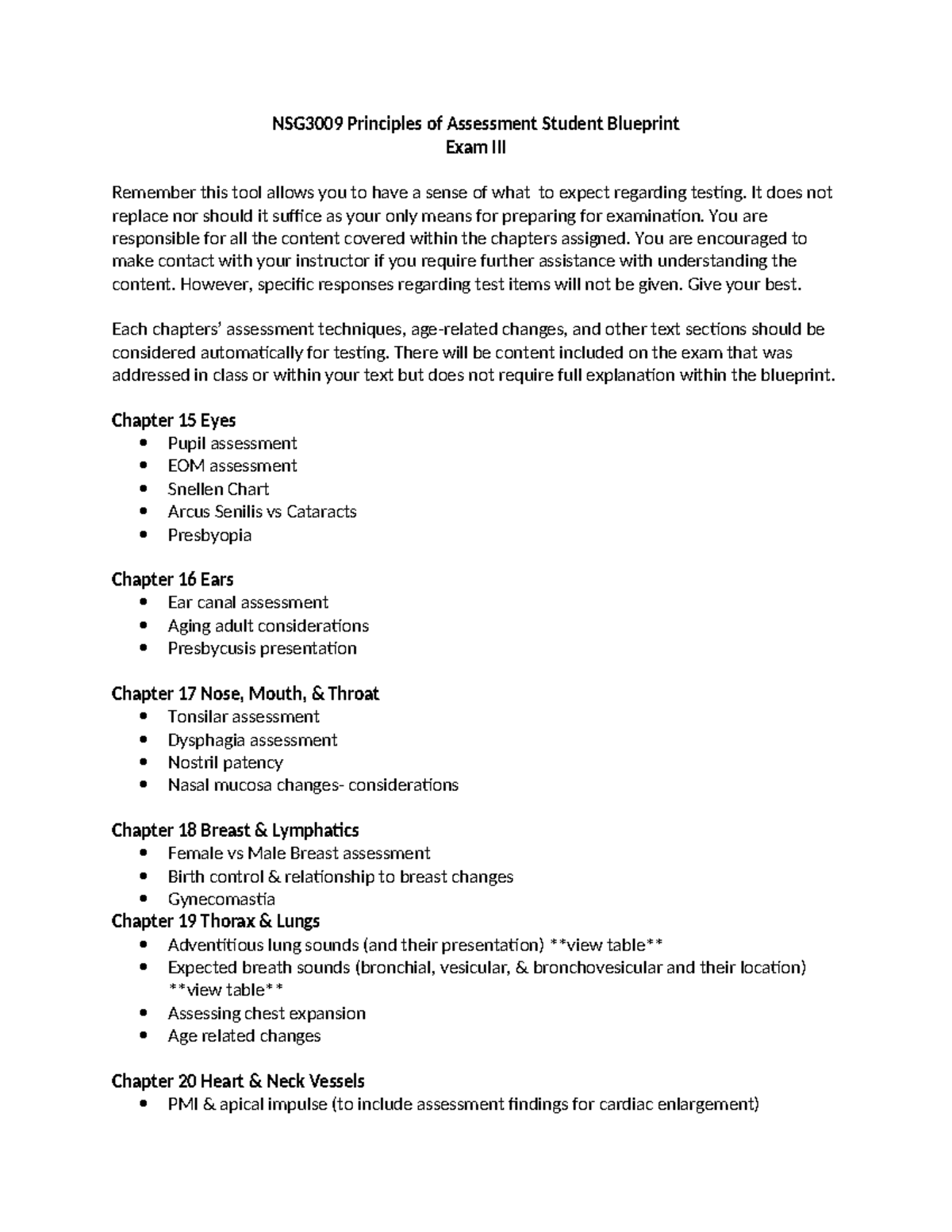 Student Blueprint Exam III Sum '23 2 - NSG3009 Principles of Assessment ...