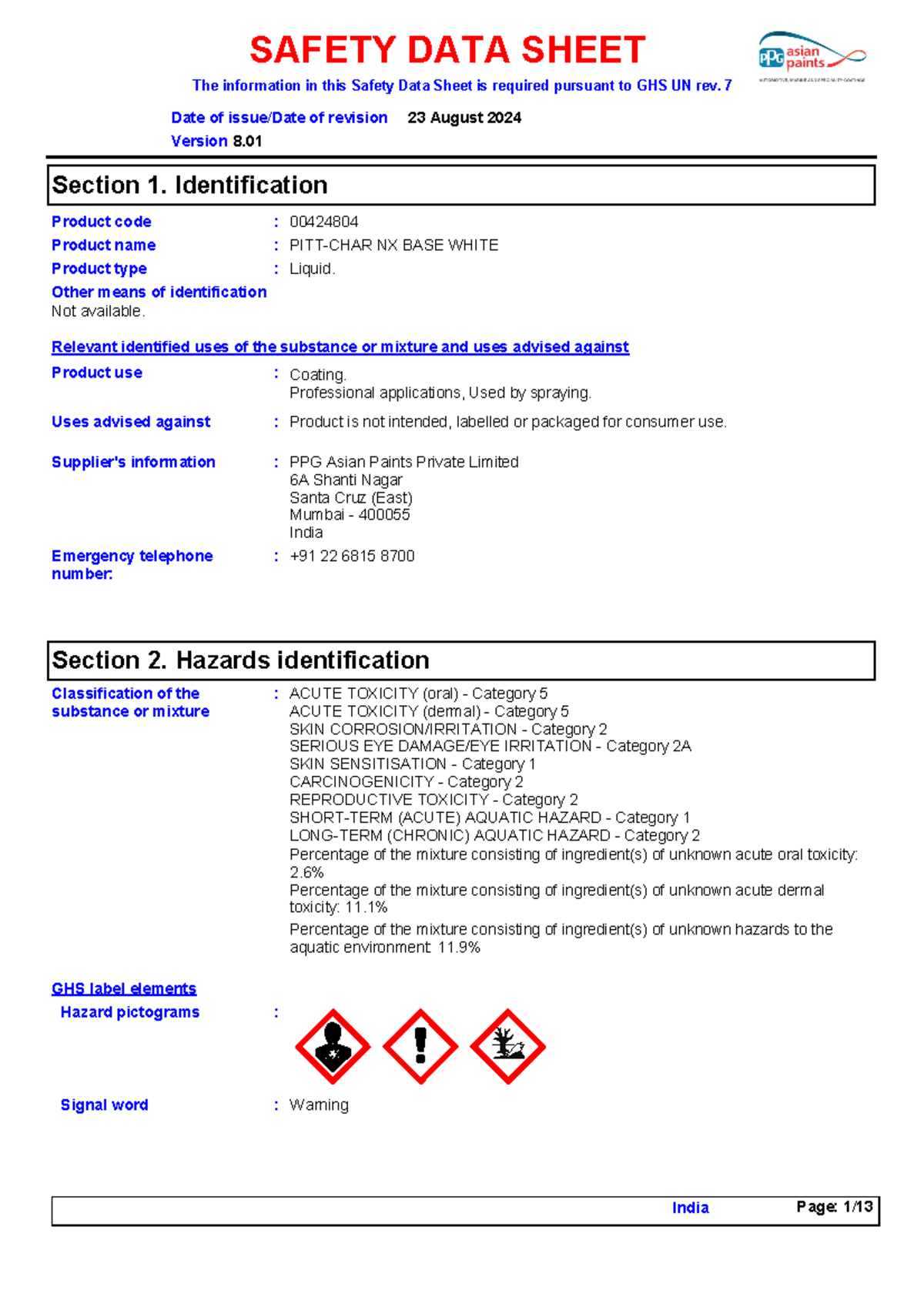 Pdf main - Safety sheet - PITT-CHAR NX BASE WHITE Not available. Liquid ...