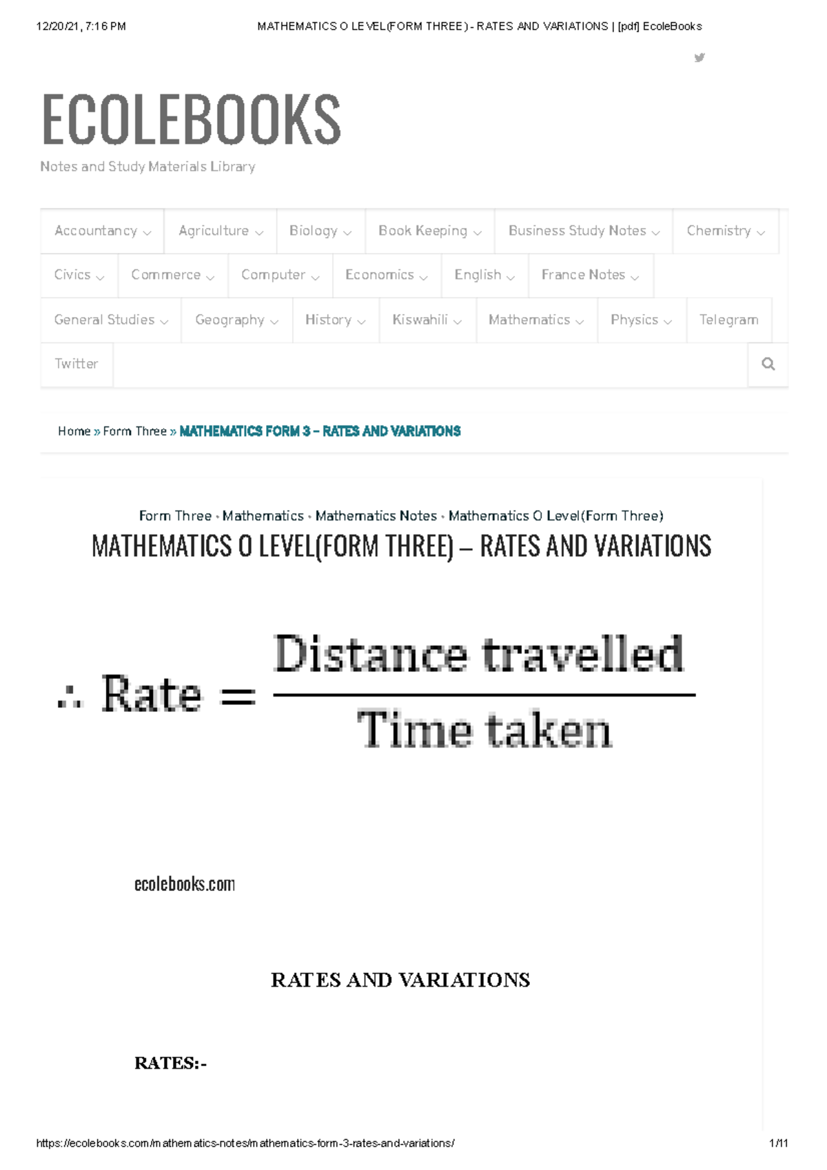 Mathematics - Rates AND Variations - Form Three • Mathematics ...