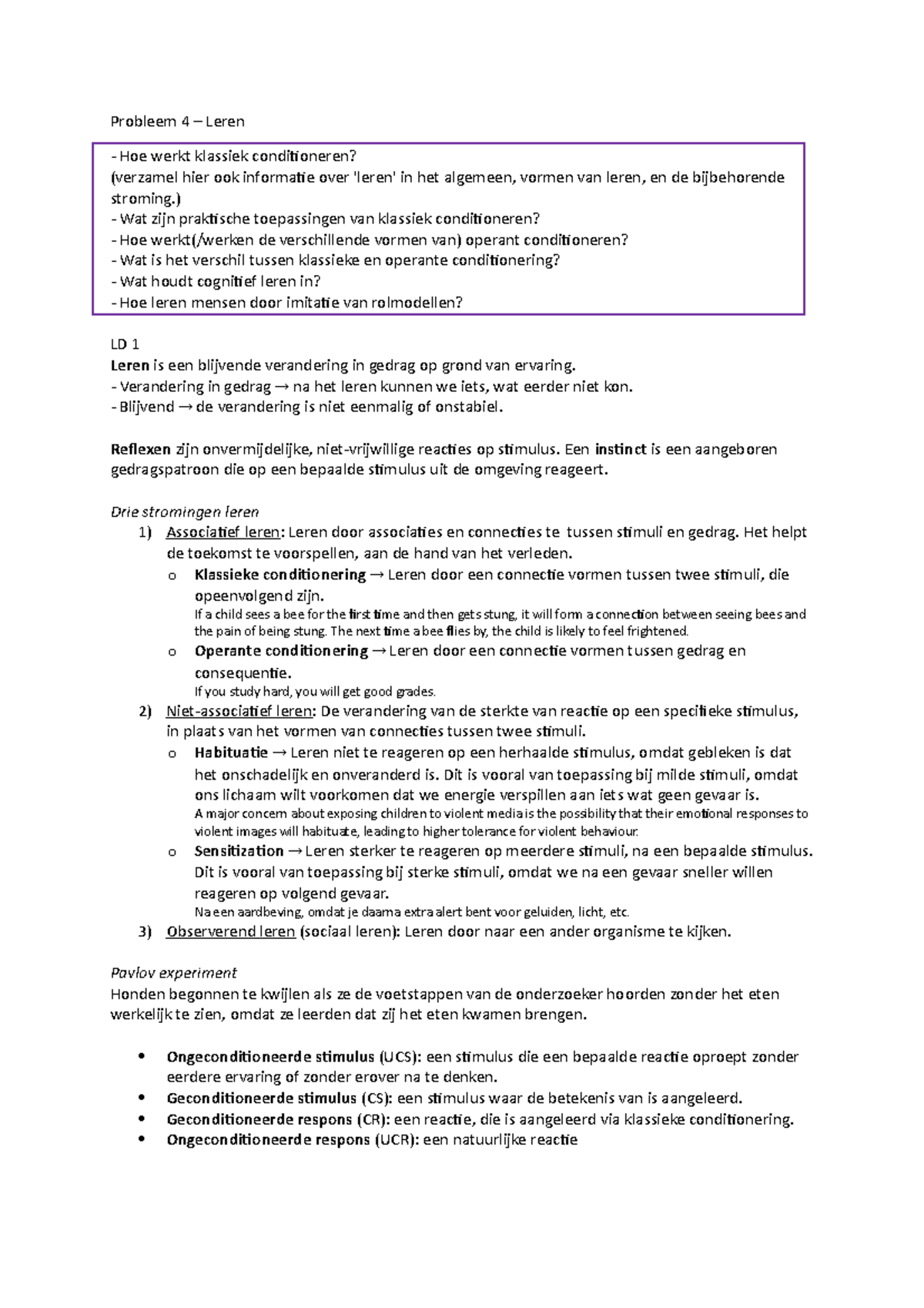 Psychologie probleem 4 - Leren - Probleem 4 – Leren Hoe werkt klassiek conditioneren? (verzamel ...