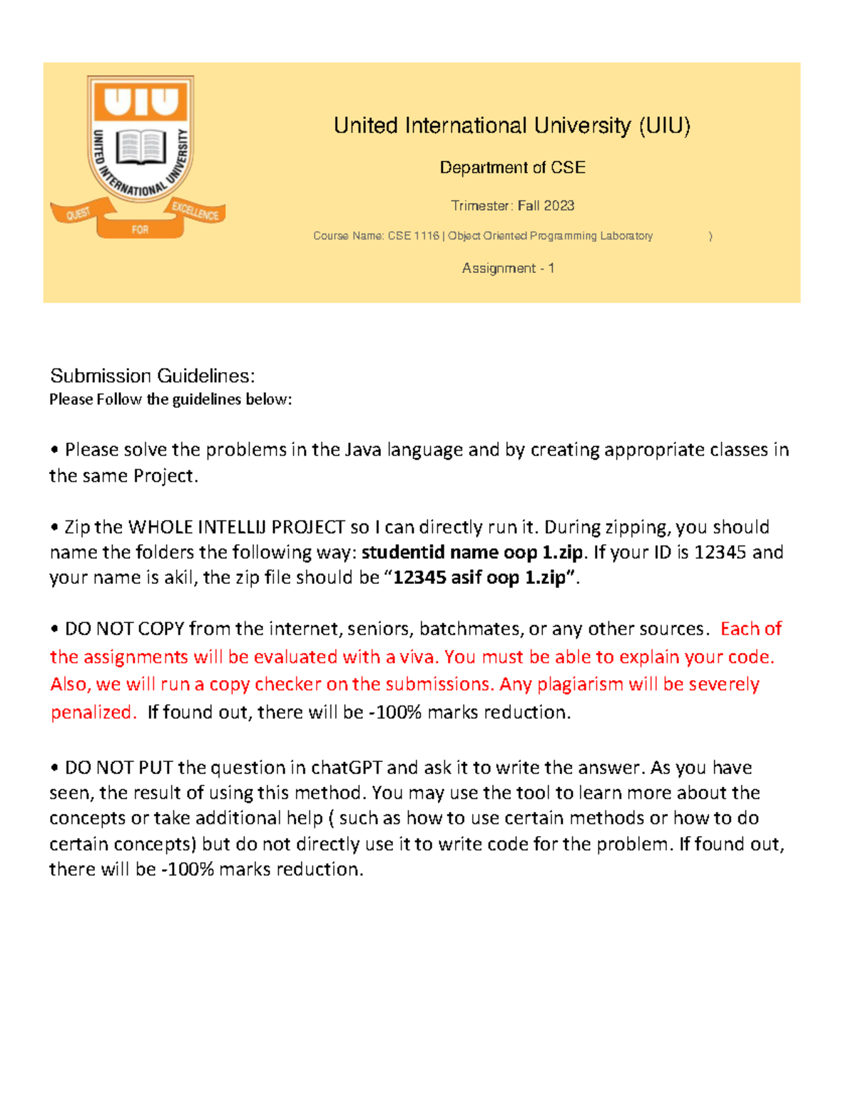 Assignment 1 - Submission Guidelines: Please Follow the guidelines ...