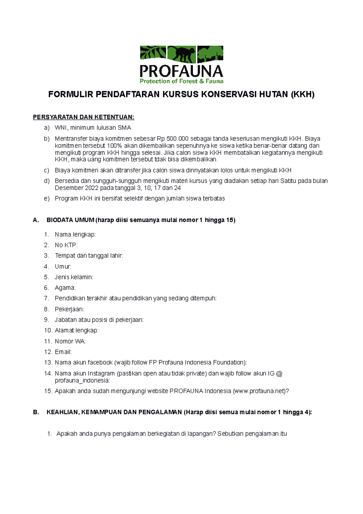 2022 formulir kkh profauna 0 - FORMULIR PENDAFTARAN KURSUS KONSERVASI ...