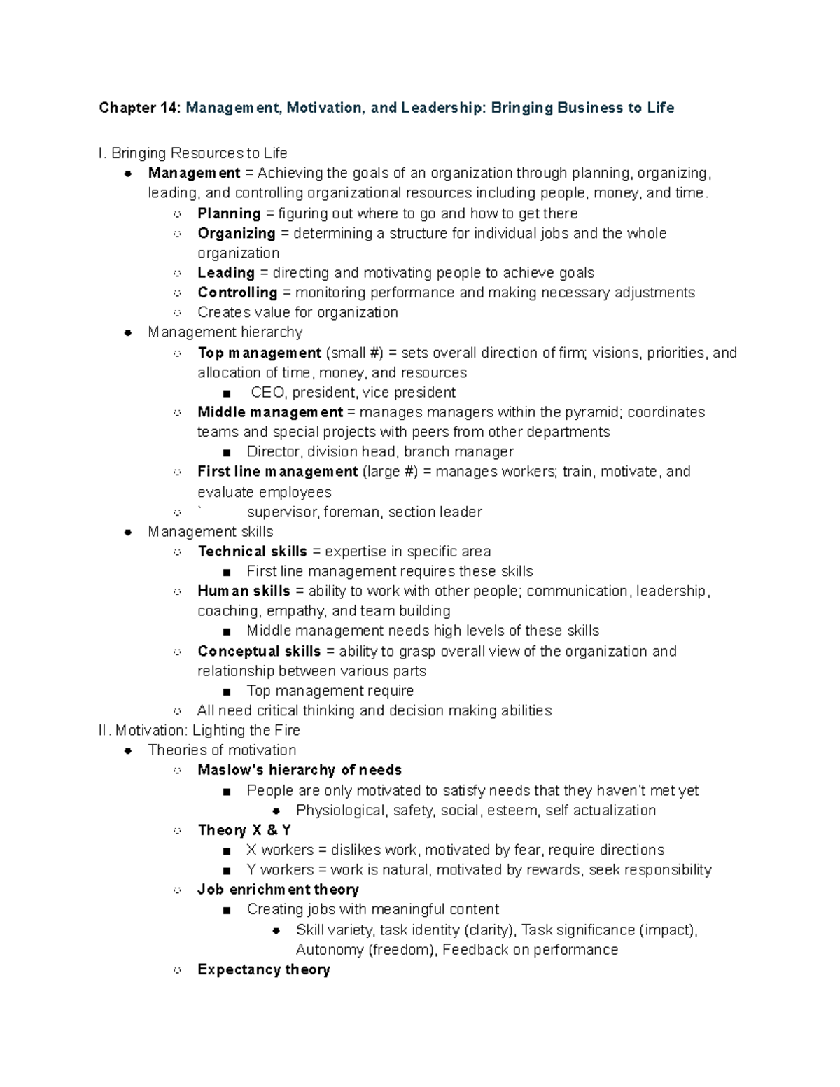 Management Motivation and Leadership: Bringing Business to Life - Studocu