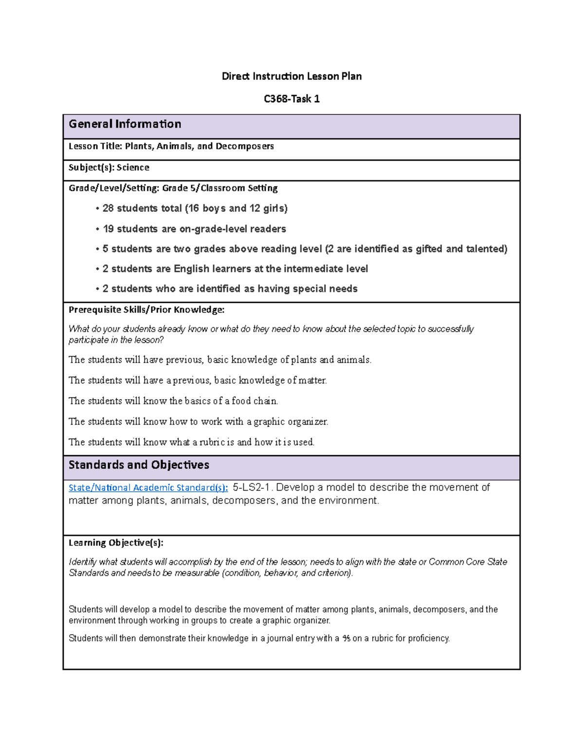 Direct Lesson Plan - Direct Instruction Lesson Plan C368-Task 1 General Information Lesson Title ...