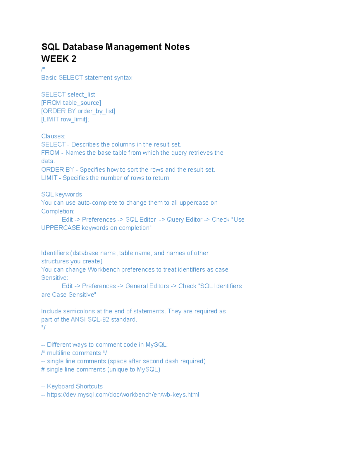 SQL Database Management Notes - FROM - Names the base table from which ...