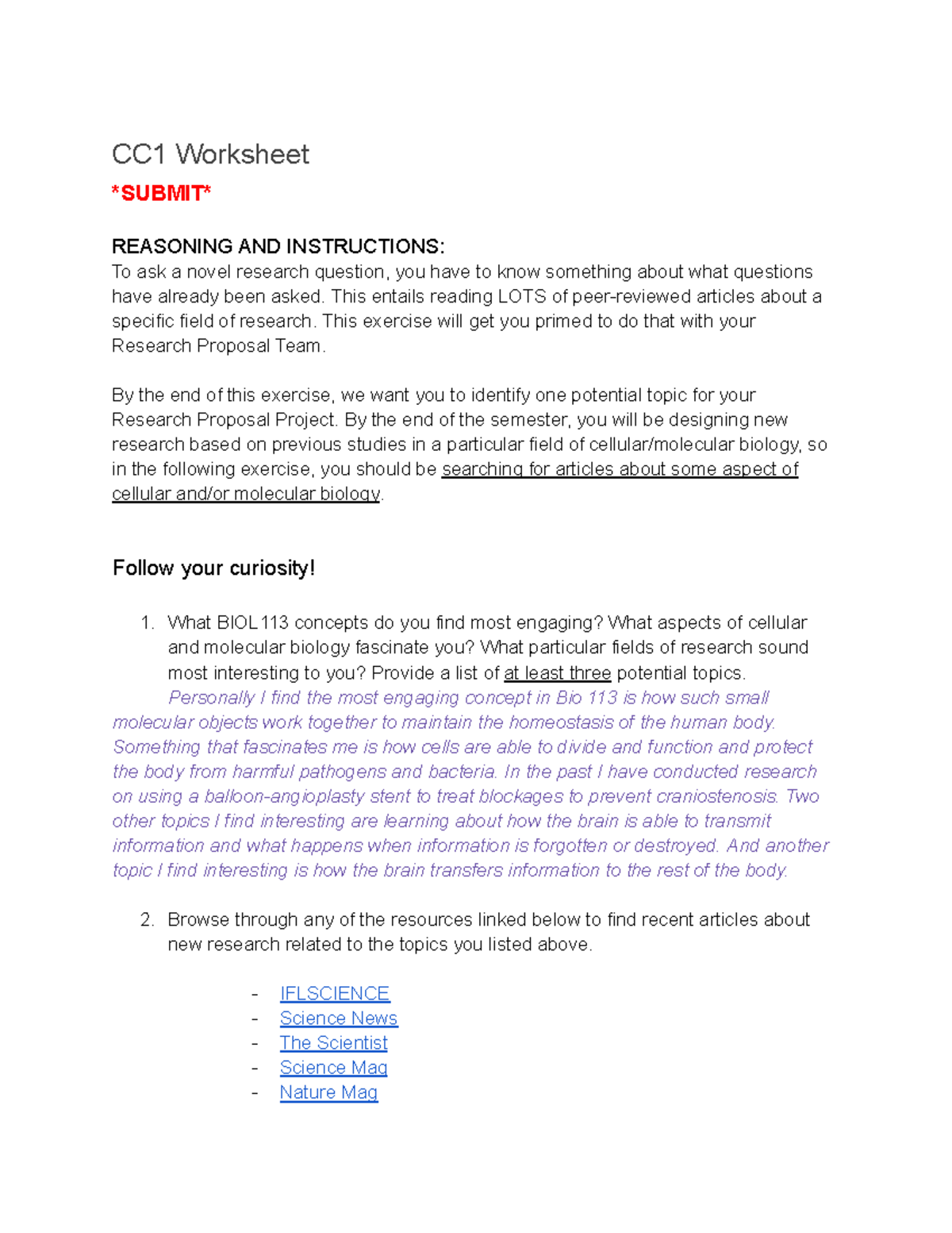 CC1 Worksheet - CC1 Worksheet SUBMIT REASONING AND INSTRUCTIONS: To ask ...