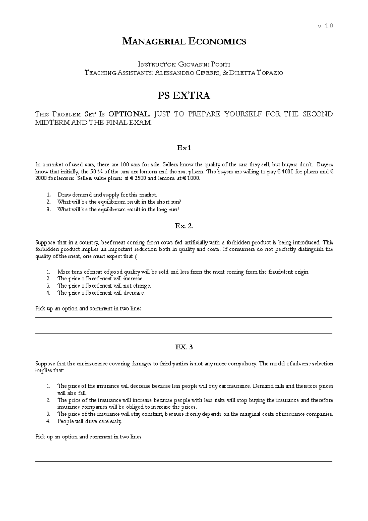 PS Extra - Problem set su azzardo morale e selezione avversa - v. 1. MANAGERIAL E CONOMICS I ...