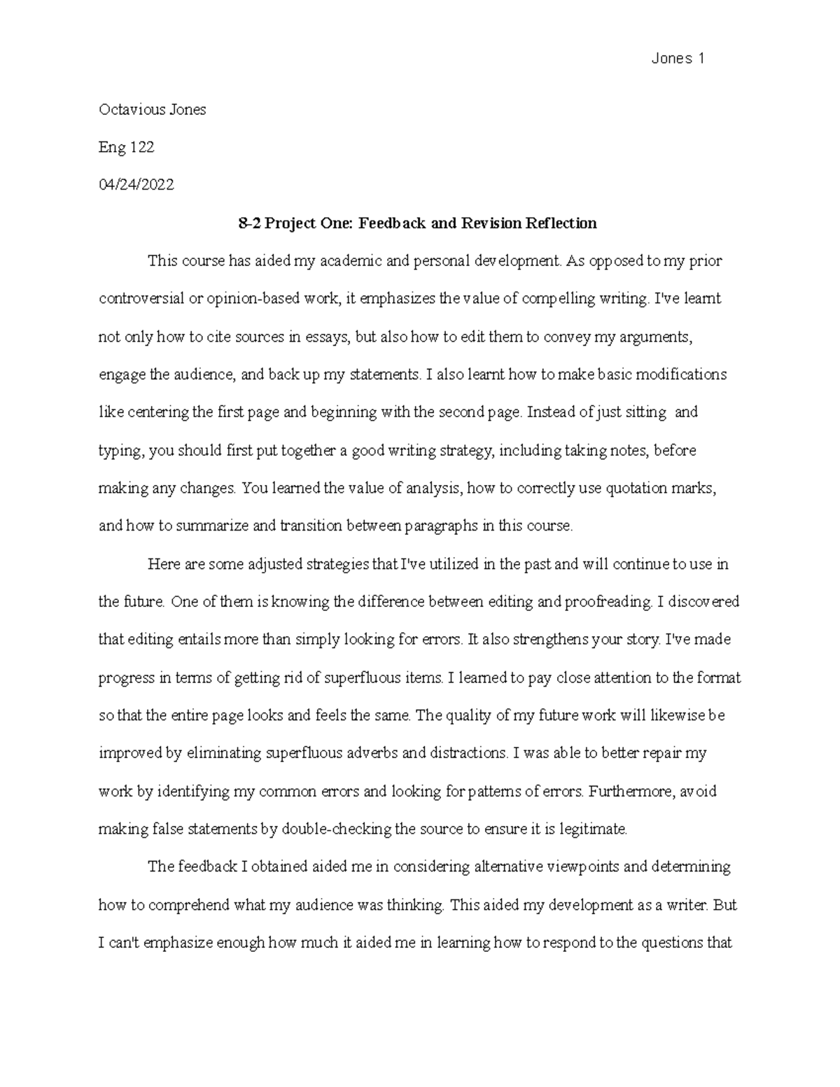 8-2 Project One Feedback and Revision Reflection - Jones 1 Octavious ...