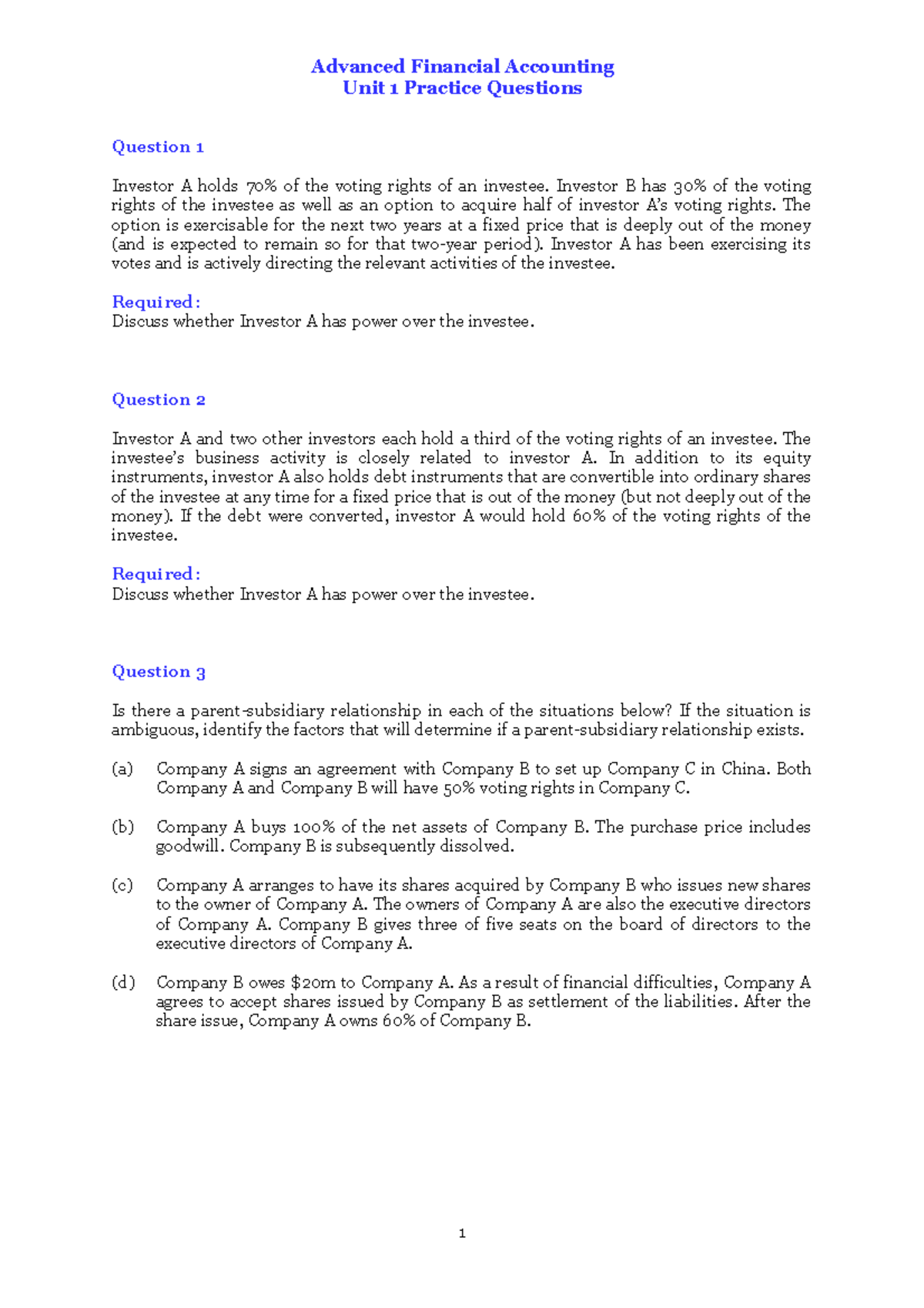 Unit 1 Practice Questions - Advanced Financial Accounting Unit 1 ...