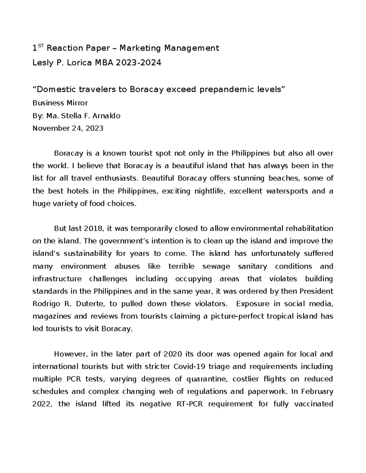 1ST Reaction Paper MRR - 1 ST Reaction Paper – Marketing Management ...