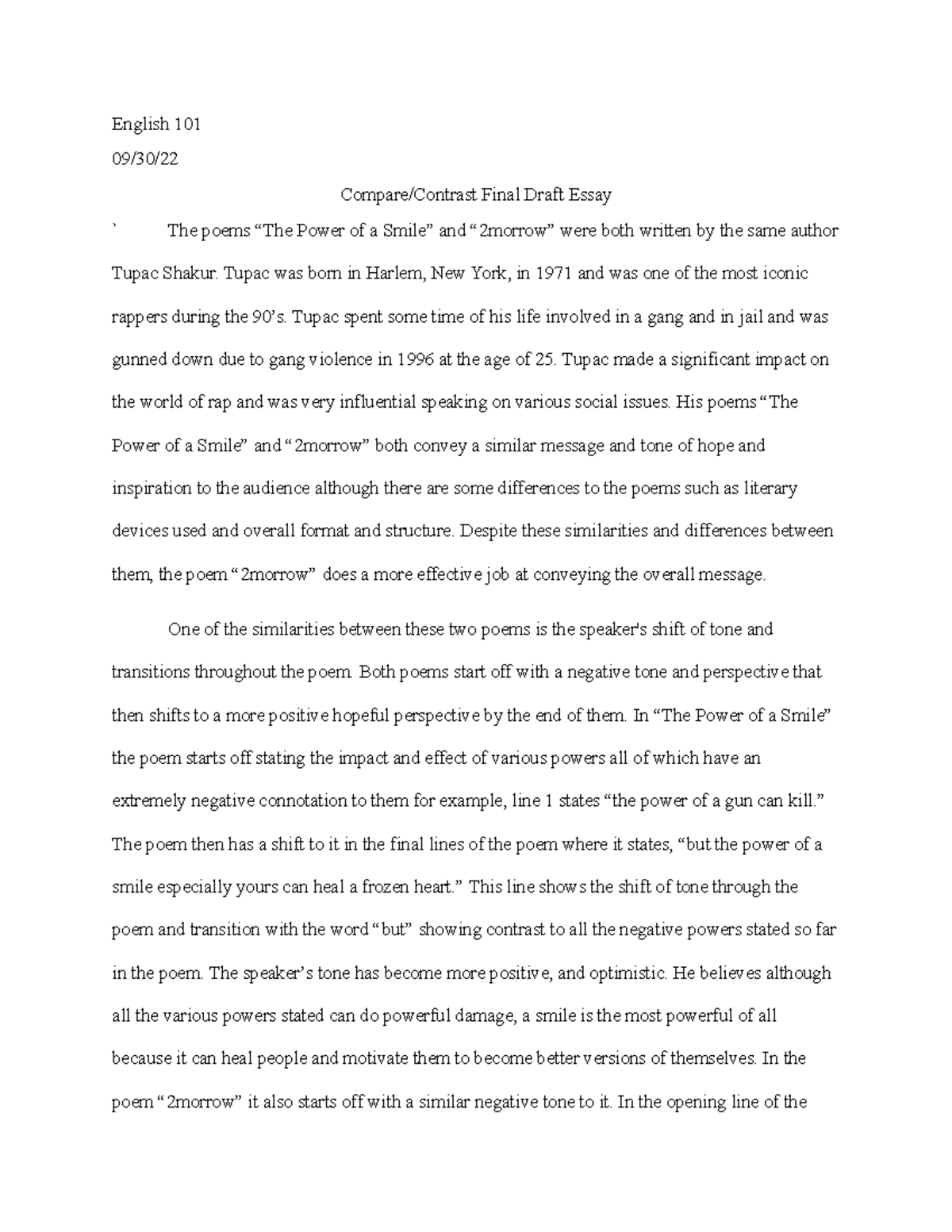 Compare Contrast Final Draft - English 101 09/30/ Compare/Contrast ...