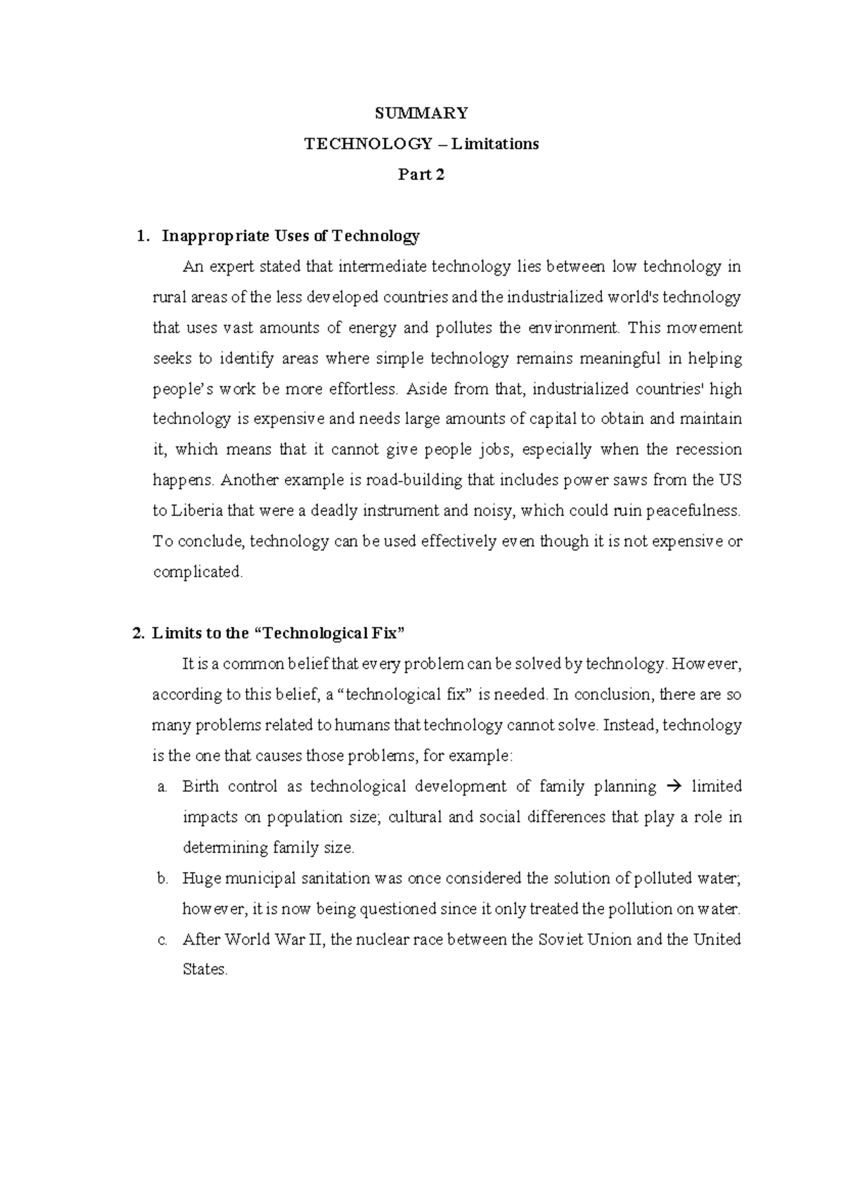 Global Issues - Technology Limitations Summary 2 - SUMMARY TECHNOLOGY ...