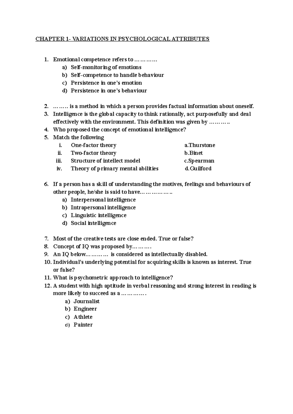 Chapter 1 worksheet - MCQ - CHAPTER 1- VARIATIONS IN PSYCHOLOGICAL ...